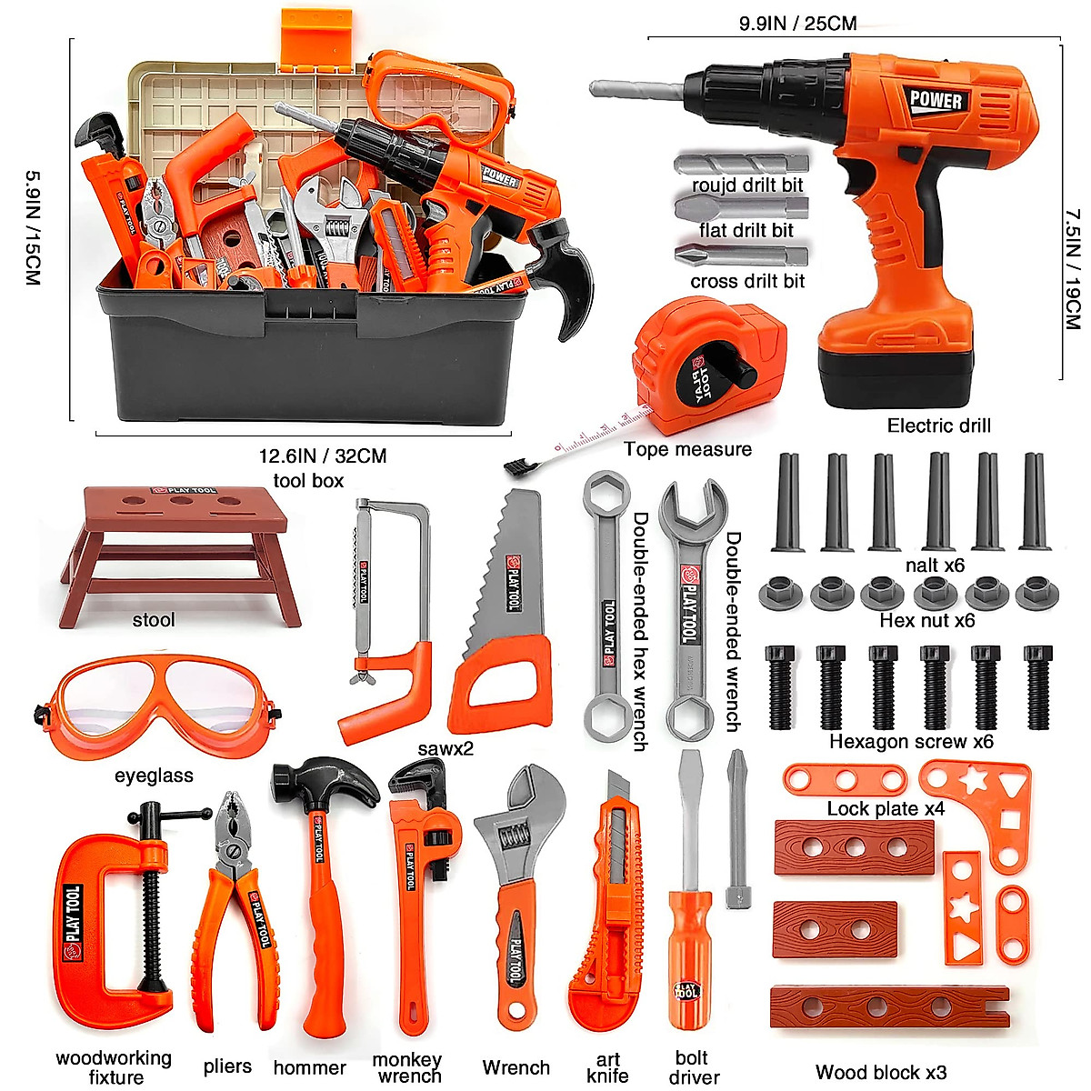 HYRENEE Kids Tool Set – 48 Piece Toddler Tool Set with Electronic Toy Drill& Tool Box,Pretend Play Kids Toys,Construction Kits Toys for Kids Ages 3 4 5 Years Old, Toddler Boy Toys