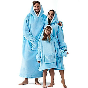 Hansleep Wearable Blanket Hoodie for Men and Women, Hoodie Blanket with Pockets and Sleeves Sweatshirt for Adults as A Gift - Azure Short