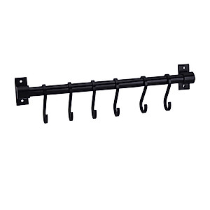 Gourmet Kitchen Utensil Rack with 6 Hooks, Wall Mounted Rail Wrought Iron Hanging Utensil Holder Rack with Removable S Hooks 16 Inch (Black-6 Hooks)