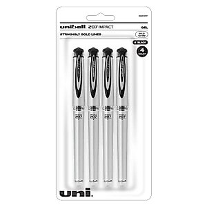 uni-ball 207 Impact Gel Pens, Bold Point (1.0mm), Black, 4 Count