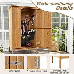 Goplus Outdoor Storage Cabinet, 5 × 3 FT Wooden Garden Shed with Asphalt Roof, 3 Shelves, Lockable Door, 5 Hanging Hooks, Outside Utility Tool Shed Organizer for Backyard, Patio, Deck, Natural