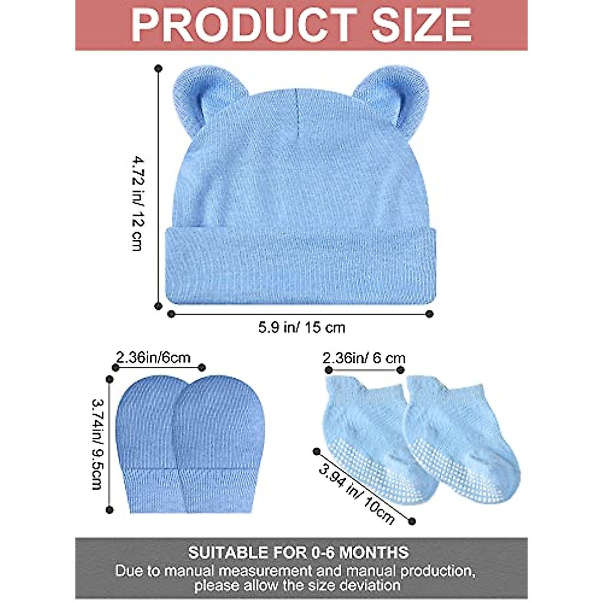 Baby Ears Newborn Hats Mittens and Socks Set for Boys Girls Beanie Hat 0-6 Month (White, Black, Gray, Light Blue, Navy Blue,5 Set)