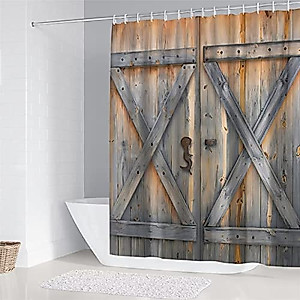 4Pcs Rustic Barn Door Shower Curtain Sets Wooden Gate Farmhouse Bathroom Set Decor with Non-Slip Rugs Bath U-Shaped Mat Toilet Lid Cover Country Bathroom Curtains Shower Set with 12 Hooks, 70.8×70.8