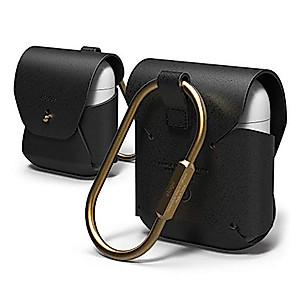 elago Genuine Leather Case Compatible with AirPods 1 Case and Compatible with AirPods 2 Case, Natural Cowhide Leather Case with Brass Ring Holder, Supports Wireless Charging [Black]