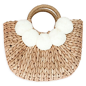 ModParty Boho Chic Straw Bag with Pom Poms Hand-Woven Sound Handle Purse Summer Beach Bag for Women (White Pom Poms)