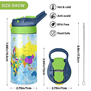 MAOBLYR 12 oz Colorful World Map Kids Water Bottle with Straw,BPA Free Spout Cover Leakproof Vacuum Insulated Stainless Steel Bottle for Boys Girls