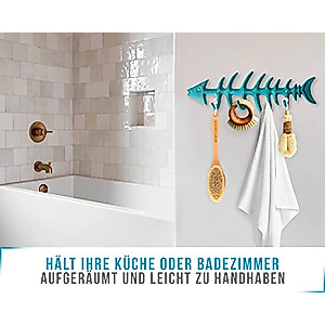 Comfify Decorative Fish Bones Wall Mounted Towel Rack Stylish Cast Iron Hanger w/ 4 “Fish” Hooks | Includes Screws and Anchors - Fish Bones Towel Hanger - Teal Blue