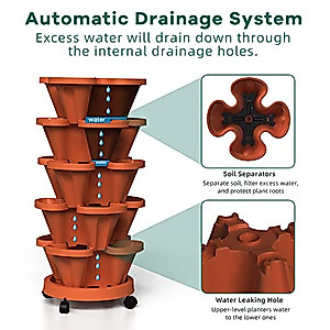 Tectsia Strawberry Vertical Planter Tower Garden, 5 Tiered Planter Stackable Herb Garden Planter with Movable Casters and Bottom Saucer Indoor and Outdoor - Terra Cotta