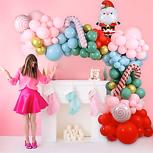 Christmas Balloon Garland Arch Kit, 140Pcs Christmas Balloons with Cane Candy Foil Balloons for Christmas Party Decorations Xmas New Year Birthday Party Supplies