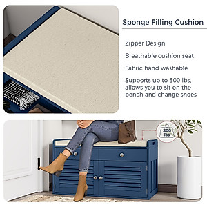 WARMHONIU Shoe Storage Bench with 2 Drawers & 2 Doors, Entryway Bench with Cushion, 2 Adjustable Shelves, Shoe Cabinet with Storage Space for Entryway, Living Room, Hallway, Mudroom, Bedroom, Blue