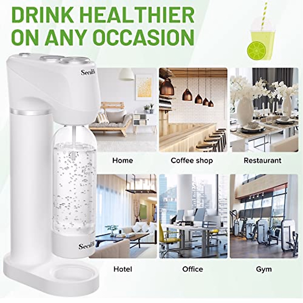 Secura Home Sparkling Water Machine, Cordless Soda Maker with Pressure Gauge, Quick & Customize Carbonation for Any Drink, with BPA Free PET Bottle, Compatible 60L CO2 Exchange Cylinder (NOT Included)