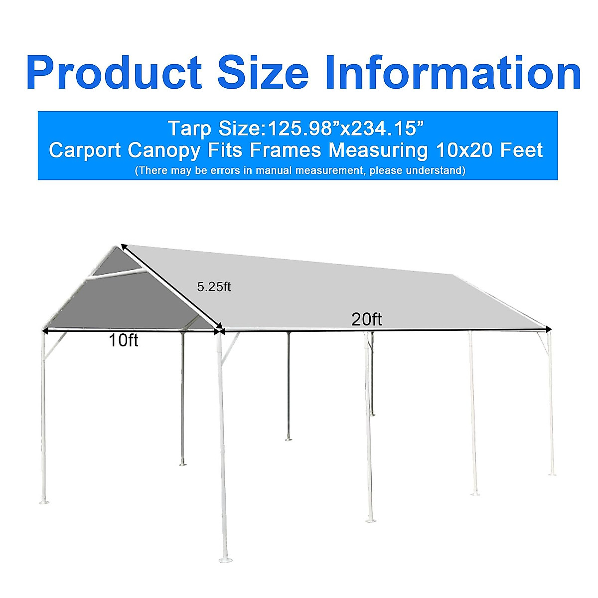 HFYZZ 10 x 20 Ft Heavy Duty Carport Replacement Canopy Cover Waterproof & UV Protected Car Garage Top Tent Shelter Tarp Cover with 44 Ball Bungees Cords, Only Top Cover, Grey
