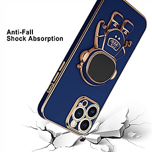 AIGOMARA 6D Plating Astronaut Hidden Stand Case Cover for iPhone 13 Pro Max Women Astronaut Folding Bracket Kickstand iPhone Case with Camera Protector Soft TPU Shockproof Bumper 6.7 in - Navy Blue