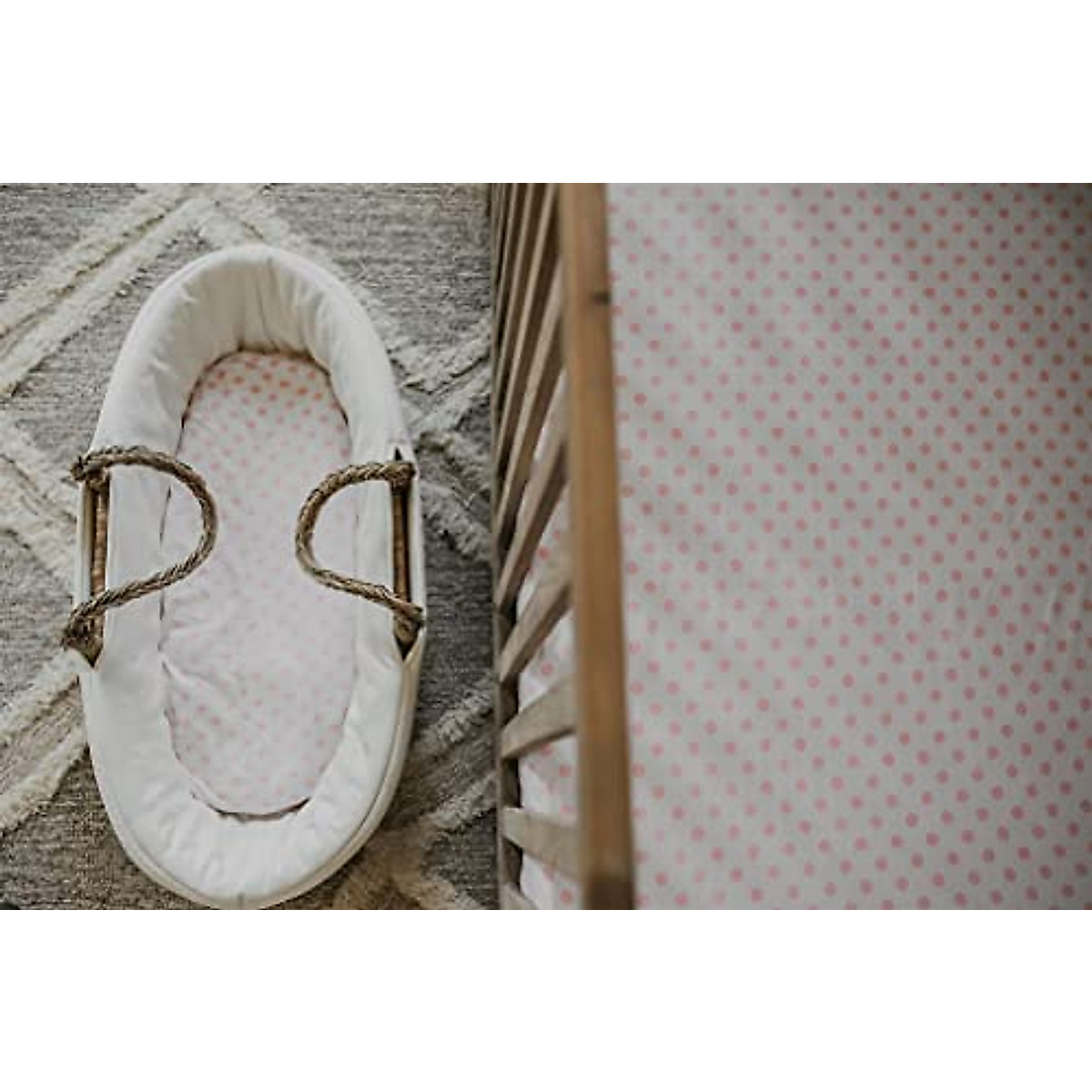 NODNAL CO. 3 Fitted Bassinet Sheets Pink Set for Baby Girl - 100% OEKO-TEX Cotton - Chevron, Polka Dot and Stripe - for Cradle/Moses Basket Hourglass, Oval & Rectangle Mattress Sheet