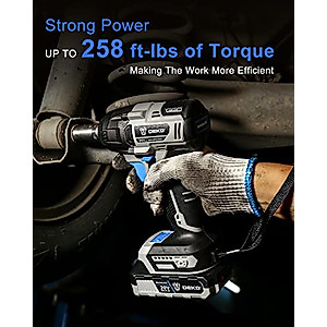 DEKOPRO Cordless Impact Wrench 1/2inch,20V Power Impact Wrench, Powerful Brushless Motor, 3-Variable Speed, Max Torque 258 ft-lbs (350N.m), 2x2.0A Li-ion Battery, 1 Hour Fast Charger and Tool Bag