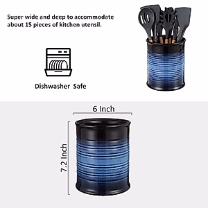 Nihow Kitchen Utensil Holder: 7.2 Inch Extra Large Ceramic Utensil Holder for Countertop - Stable Utensil Crock for Kitchen Counter Decor - Elegant Blue & Black (1PC)