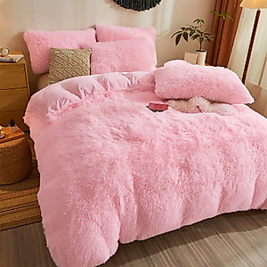 Pink Fluffy Comforter Cover Set,Ultra Soft Faux Fur Duvet Cover Bedding Sets king 3 Pieces with Pillow Cases, Fluffy Pink Bed Set Zipper Closure (Pink, King)