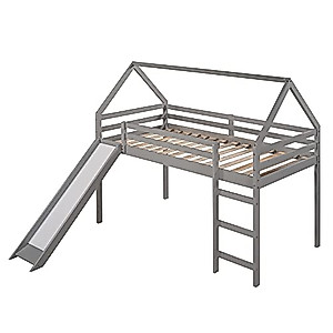 Lifeand Twin Size Loft Bed with Slide,Wooden House Bed for Kids/Girls/Boys, Gray