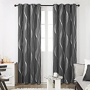 Deconovo Blackout Curtains for Bedroom 84 Inches Long,Wave Foil Print Room Darkening Black Out Curtains for Living Room, 2 Panels Set, 52 by 84 Inch, Dark Grey