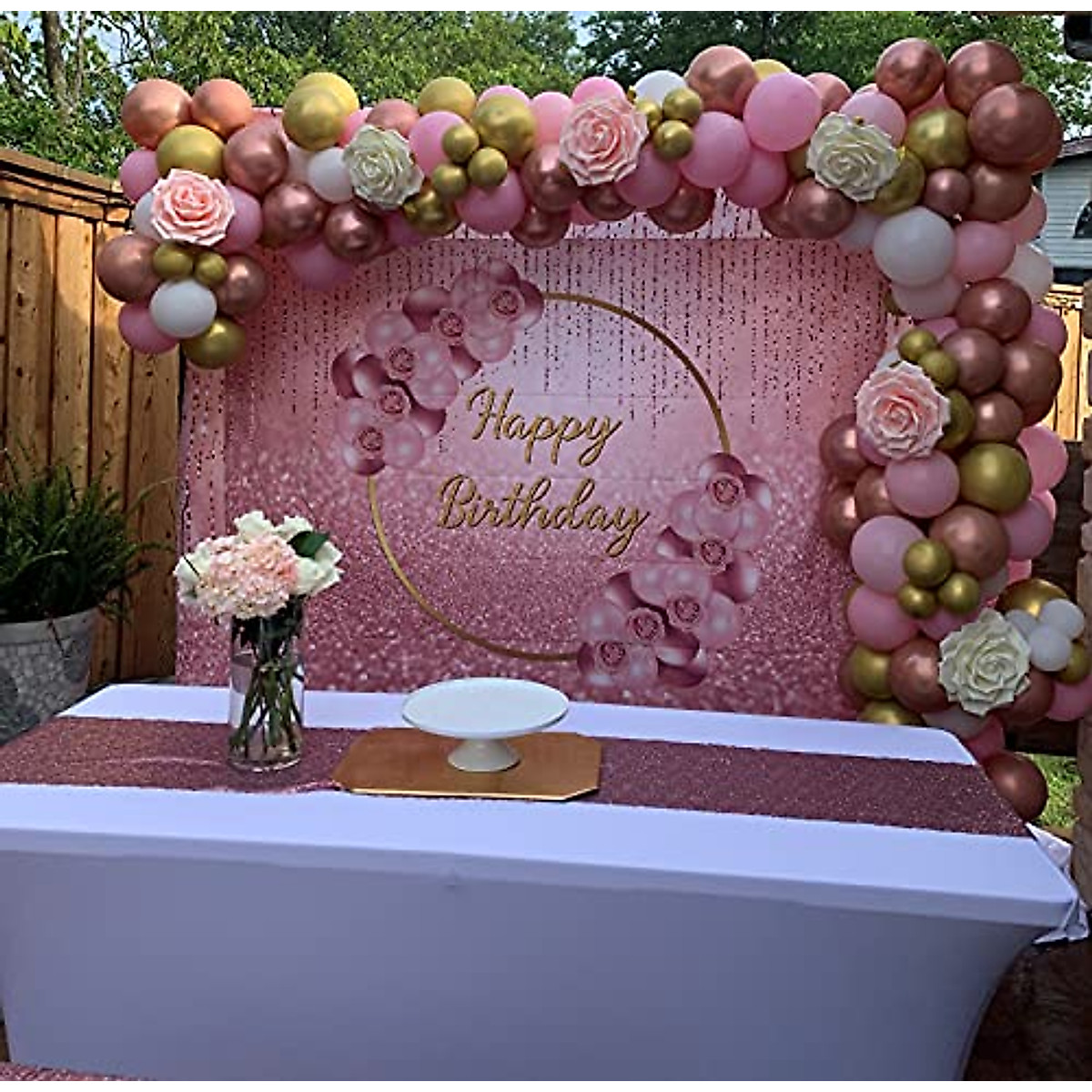 Rose Gold Happy Birthday Backdrop Pink Rose Gold Floral Balloon Rose Gold Bokeh Photography Background Women Sweet Princess Girl 16th 30th Birthday Party Dessert Cake Table Decor Props 7x5FT