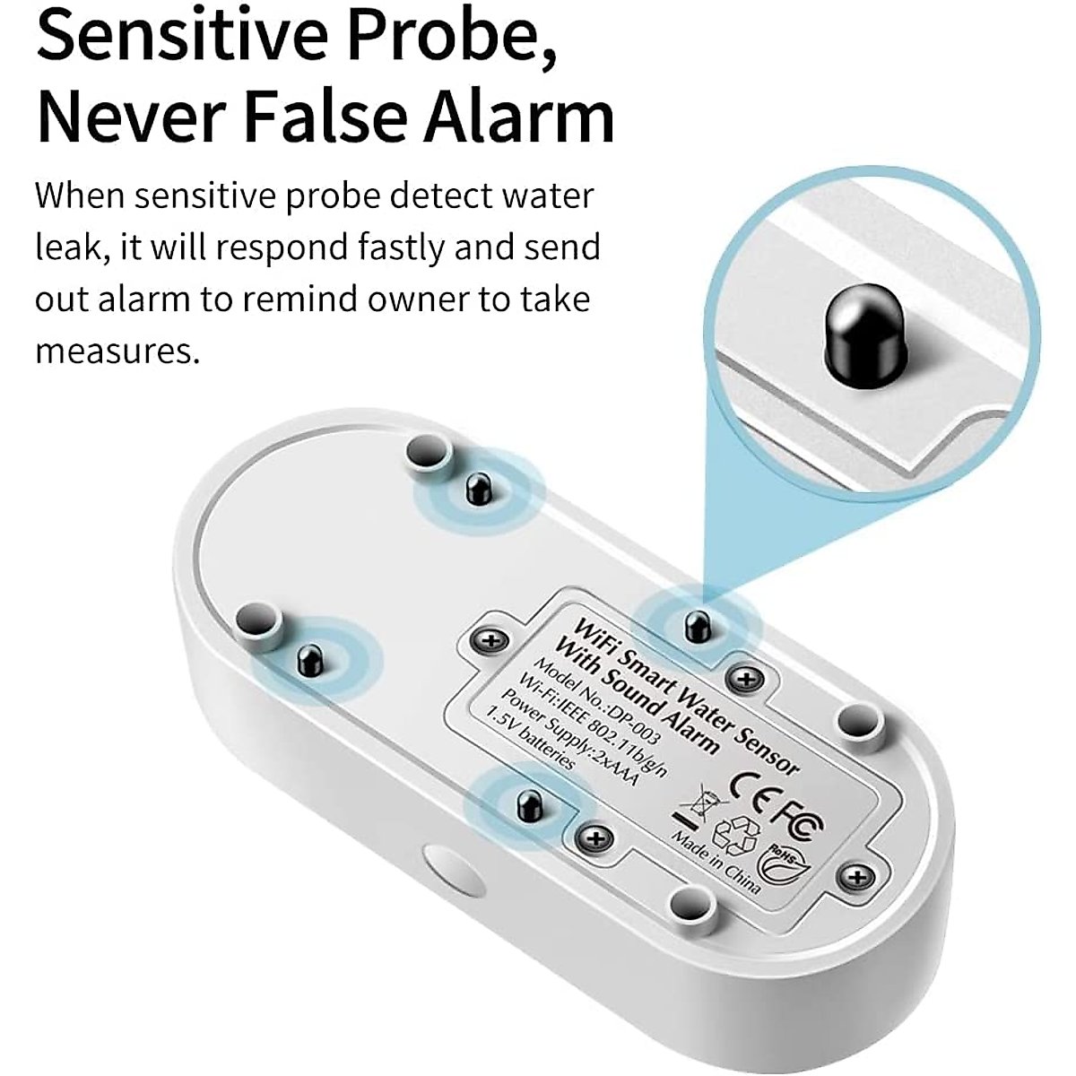 eMylo Water Leak Detector WiFi, 120dB Water Sensor for Leak WiFi with App Notification, WiFi Water Sensor Work with Tuya and Smart Life APP for Kitchen, Bathroom, Warehouse, Laundry, Basement
