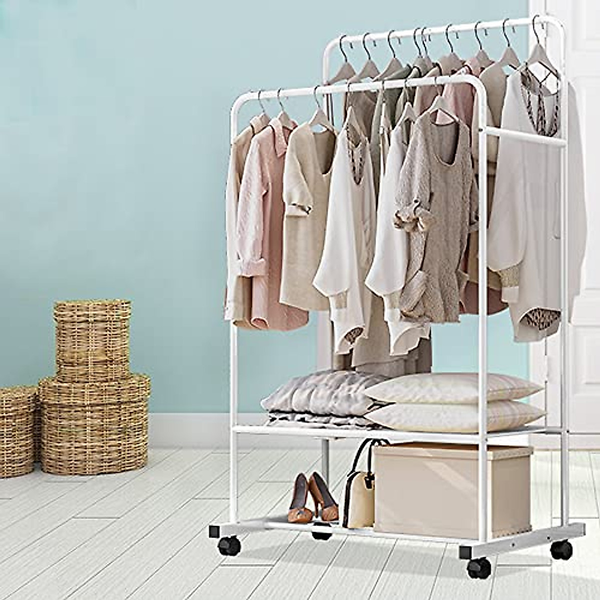 MOAMUN Clothes Rack on Wheels Heavy Duty Rolling Garment Rack, Clothing Organizer Multifunctional Bedroom Clothing Rack(White)