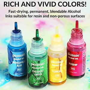 Piccassio Alcohol Ink Set - 20 Vibrant Alcohol Inks - Acid-Free,Fast-Drying and Permanent Inks-Versatile Alcohol Ink for Epoxy Resin, Fluid Art Painting,Tumblers,Ceramic,Glass,Metal and more - 20x10ml