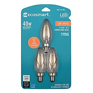 EcoSmart 40-Watt Equivalent B11 E12 Base Dimmable Clear Filament Vintage Style LED Light Bulb, Soft White (3-Pack)