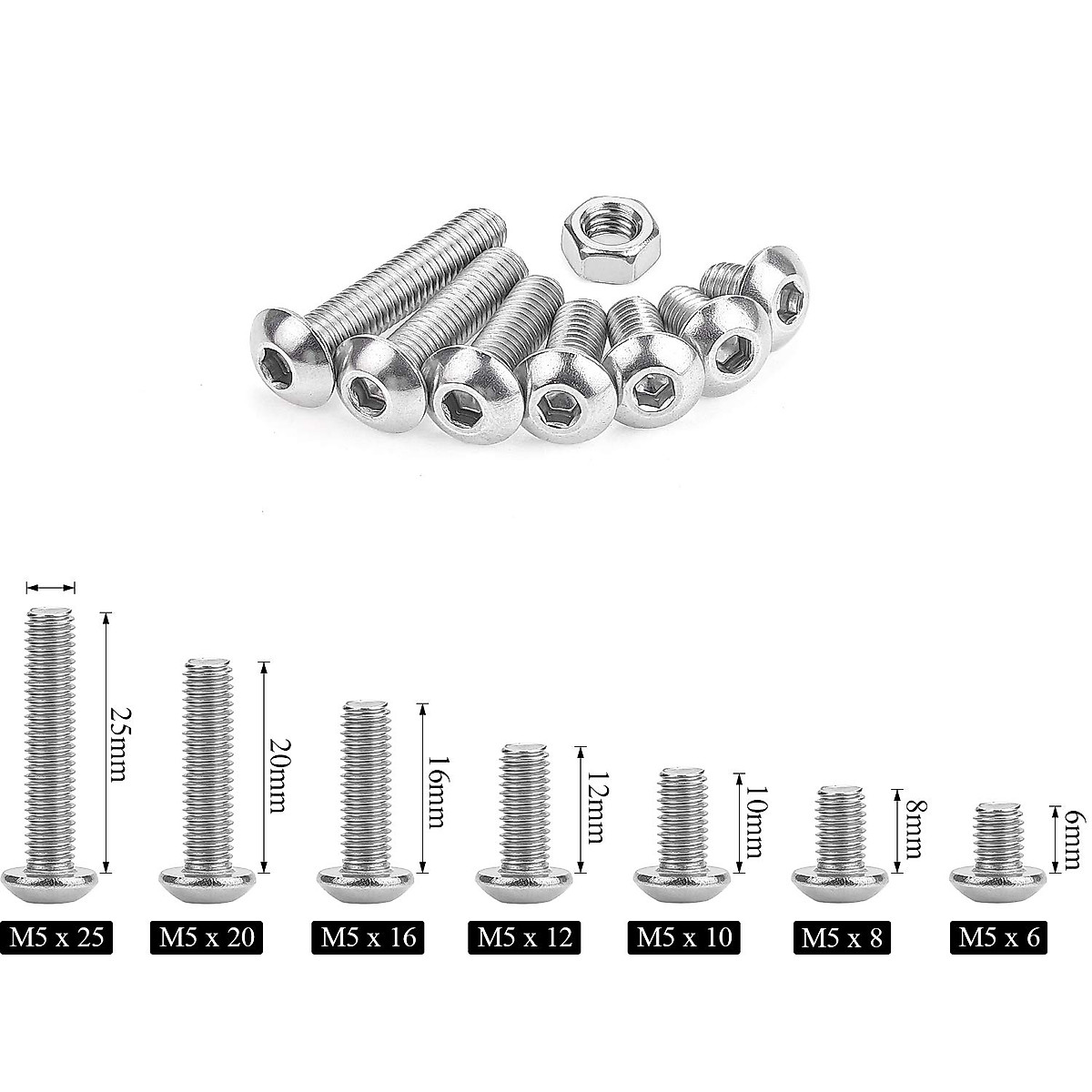Sutemribor 180Pcs M5 Stainless Steel Button Head Hex Socket Head Cap Bolts Screws Nuts Assortment Kit + Wrench