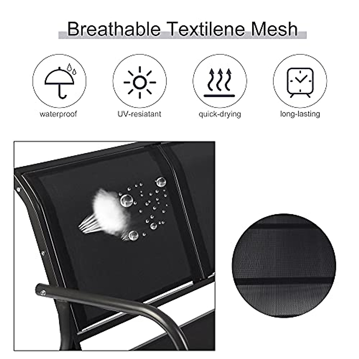 Koreyosh Outdoor Glider Bench 2-Person Rocking Loveseat Chair Patio Swing Rocker w/Powder Coated Frame and Textilene Mesh Seating for Porch Yard Graden, Black