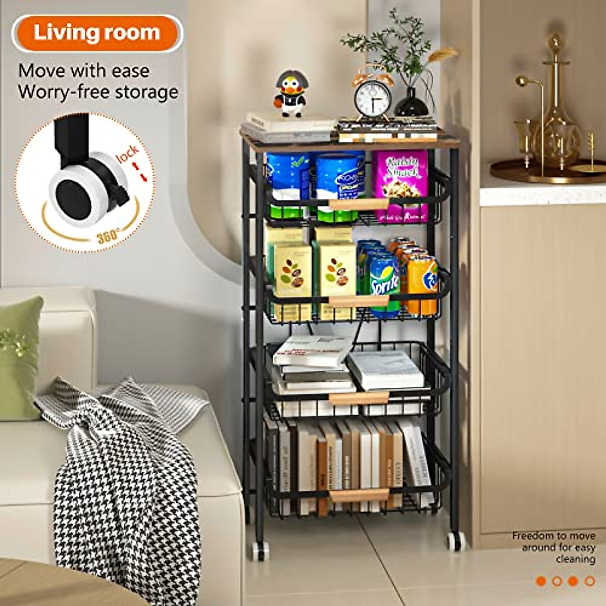 5-Tier Rolling Storage Cart with Wheels, Large Capacity Kitchen Cart, Mobile Utility Cart with Wooden Tabletop and Mesh Baskets, Bathroom, Laundry Room
