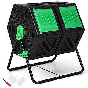 Goplus Compost Bin, Dual Chamber 34.5 Gal Compost Tumbler with 2 Rotating Chambers, Sliding Doors, High-Volume Outdoor Garden Composter, Rotating Composting Bin for Garden Yard, BPA Free