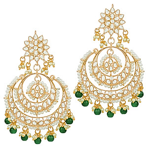 Aheli Bollywood Ethnic Chandbali Style Big Earrings Maang Tikka Set Traditional Fashion Jewelry for Women (Green)