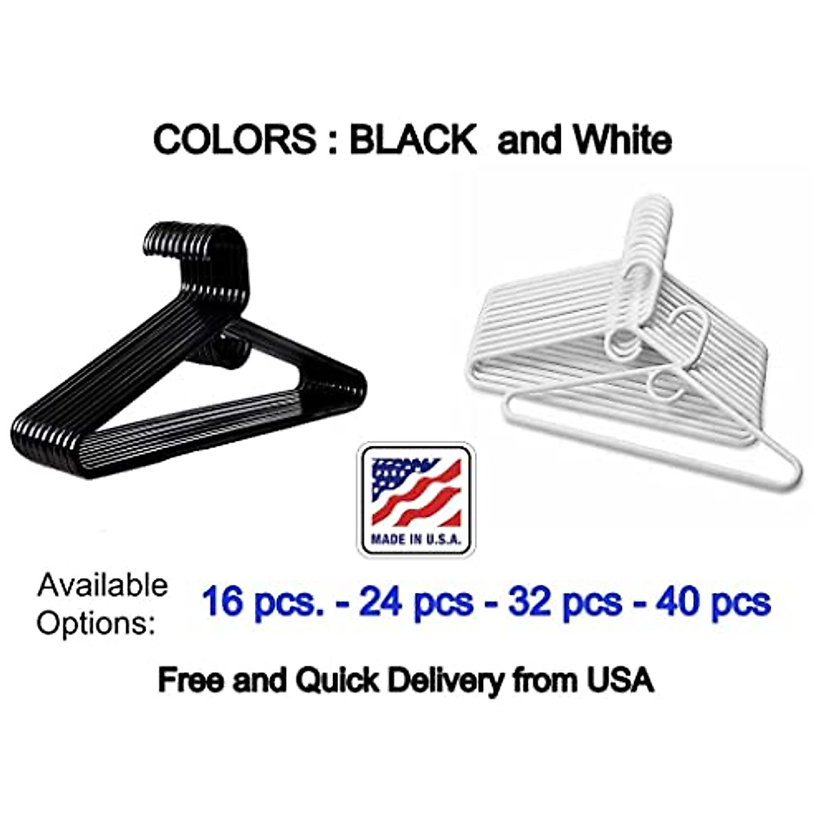 Plastic Hangers HD Heavy Duty, 40 Pcs. White Color, Made in USA, 3/8” Thickness, Durable, Tubular, Lightweight, for Clothes, Coat, Pants, Shirts, Dress, TINEFF, Free and Quick delivery. from USA