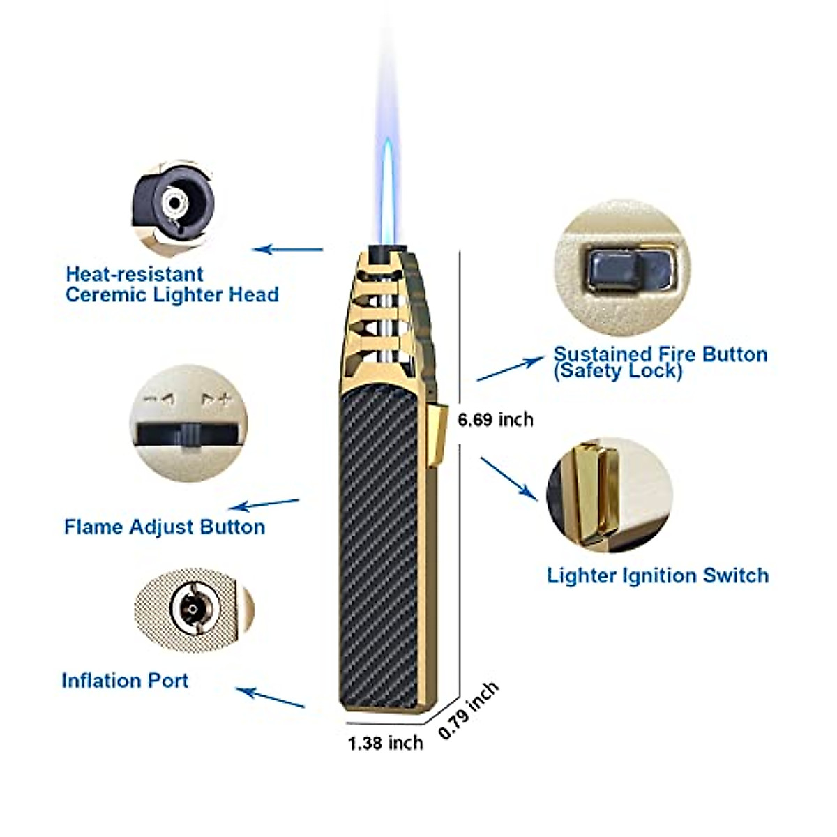 Jnfire Butane Torch Lighter Refillable Windproof Single Jet Torch Lighters Adjustable Flame with Gift Box for Kitchen Dining, BBQ Camping Hiking Without Butane-Black Gold Color