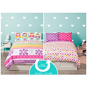CLAUVINCK Truly Reversible & Ultra Soft Microfiber 2-Piece Room-in-a-Bag Toddler and Kids' Comforter Bedding Set for Girls, Nesting Dolls - Twin XL