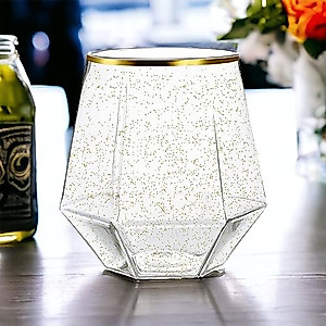 Oojami 40 count Diamond Unbreakable Stemless Plastic Wine Champagne Whiskey Glasses Durable Disposable Indoor Outdoor Ideal for Home Bars, Wedding 12 Ounce Cups (Gold Rim - Gold Glitter)