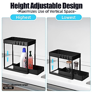 Eufrozy Under Sink Organizers for Bathroom, 2 Tier Adjustable Height Under Cabinet Sliding Storage, Black Under Counter Drawers Slide Out for Kitchen Organization Shelf with 8 Hook 2 Cup