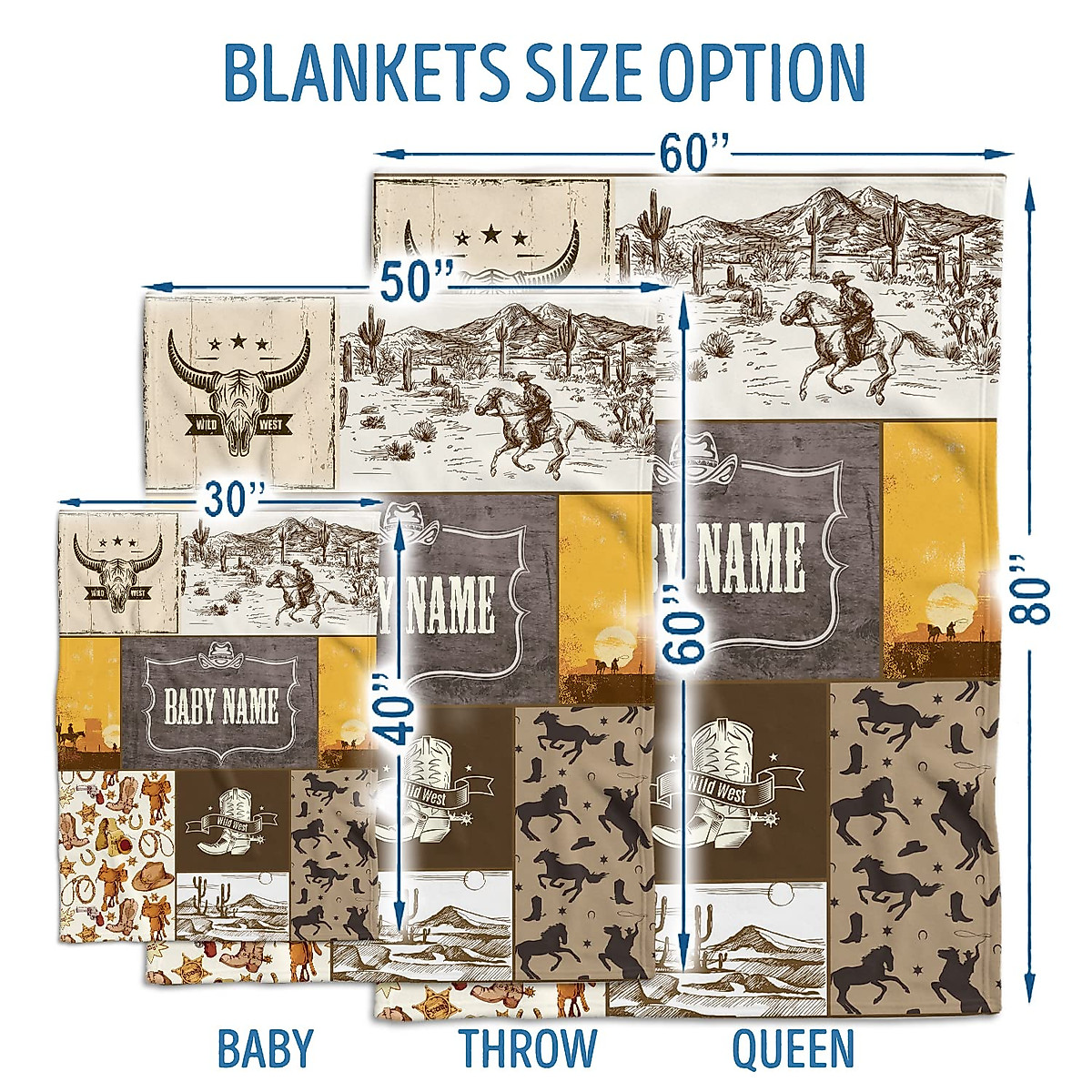 MeMate Personalized Baby Blanket with Name, Wild West Cowboy Baby Boy Swaddle Blanket, Western Baby Blanket Name Boy, Soft Fleece Blanket, Cowboy Baby Blanket for Newborn Infant Toddlers Kids
