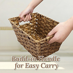 WeeNest Wicker Storage Basket with Handle, Woven Baskets for Organizing and Trays, Holders, Organizers, Storage Baskets for Shelves, Resin Wicker Set of 2, Toffee