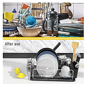 ETRENDS 1Tier Large Dish Drying Rack,Rust Resisitant Dish Rack, Compact Dish Drainer with Drainboard, Cutlery Holder, Extendable Independent Dish Holder in Cabinet,in/Over Sink,Stainless Steel