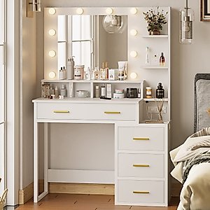 Tiptiper White Makeup Vanity with 10 Light Bulbs, Modern Vanity Desk with Mirror & 3 Lighting Modes, Vanity Table with 2 USB Ports and Outlets, Makeup Desk with Nightstand, Storage Shelves and Drawers