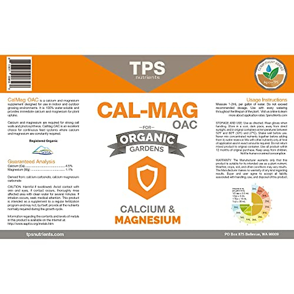 Organic Cal-Mag OAC Plant Nutrient and Supplement, Plus Iron and Micronutrients by TPS Nutrients, 1 Quart (32 oz)