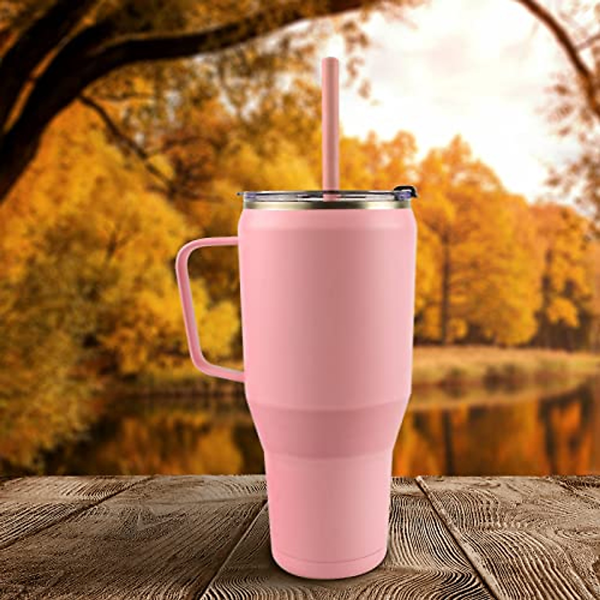 MUCHENGHY 40 oz Tumbler with Handle and Straw Lid, Leak Proof Double Vacuum Stainless Steel Tumblers Insulated Travel Coffee Mug with Lids Pink