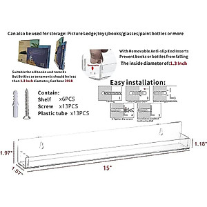 15 Inch Invisible Acrylic Floating Wall Ledge Shelf,Wall Mounted Nursery Kids Bookshelf, Invisible Spice Rack, Clear 5MM Thick Bathroom Storage Shelves Display Organizer,Transparent (6 Pack)