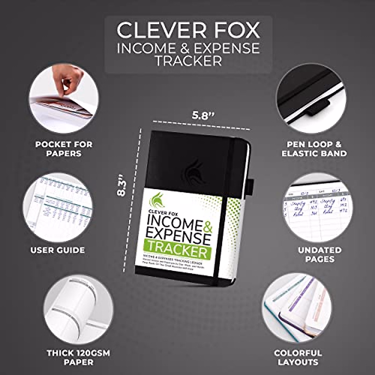 Clever Fox Income & Expense Tracker – Accounting & Bookkeeping Ledger Book for Small Business – Income & Expense Record Notebook with Receipt Pocket – Undated, A5, 5.8″ x 8.3″, Hardcover (Black)