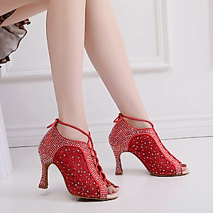 SWDZM Women's Latin Dance Shoes Open Toe Lace-up Mesh Ballrooom Tango Salsa Performence Ankle Dance Boots,Heel-3",9001,Red,6 US