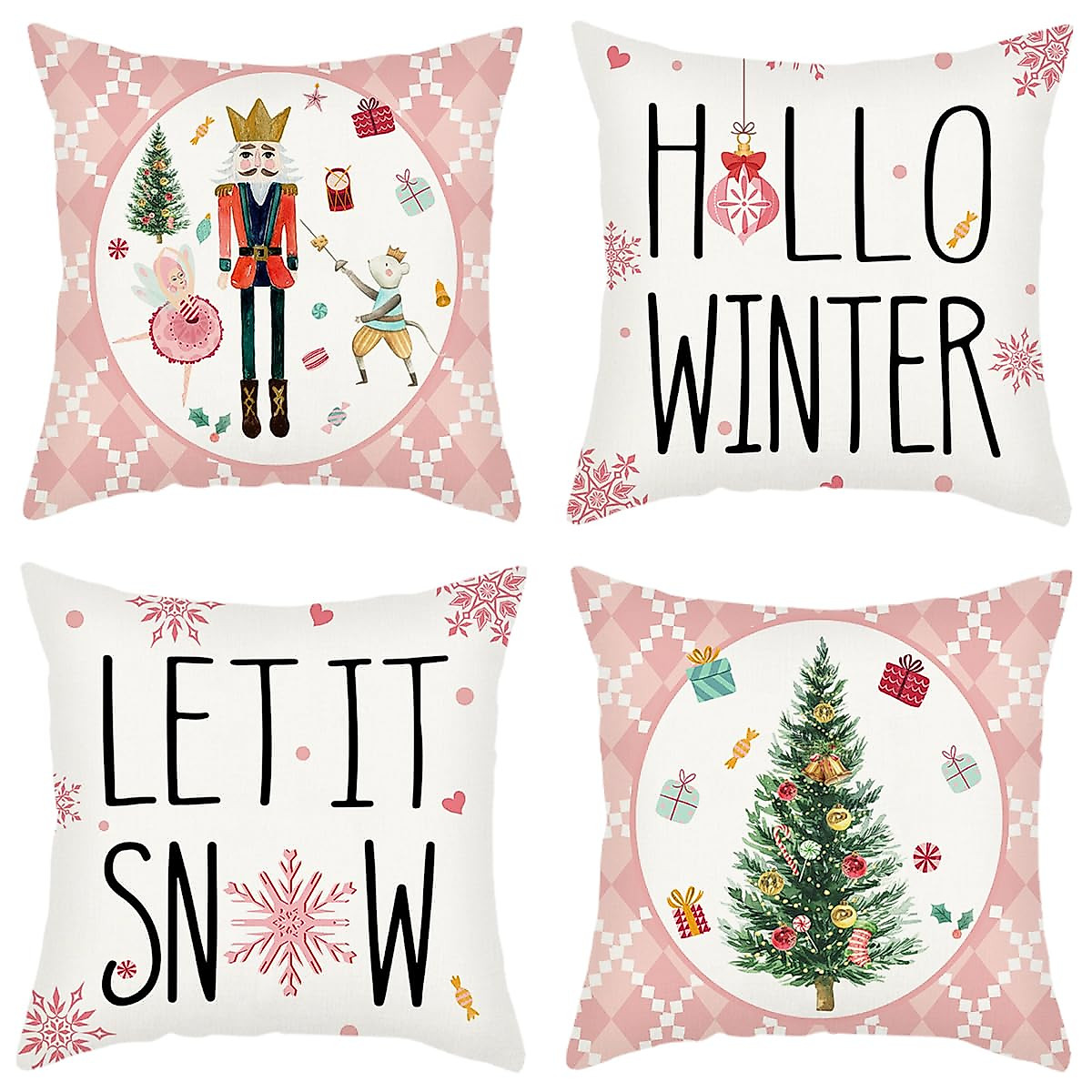 wyooxoo Christmas Pillow Covers 20x20 Set of 4 Christmas Tree Pink Throw Pillow Covers Cushion Cases Winter Decorative Farmhouse Pillowcases for Sofa Couch Living Room Home Decor (20" x 20", Pink)