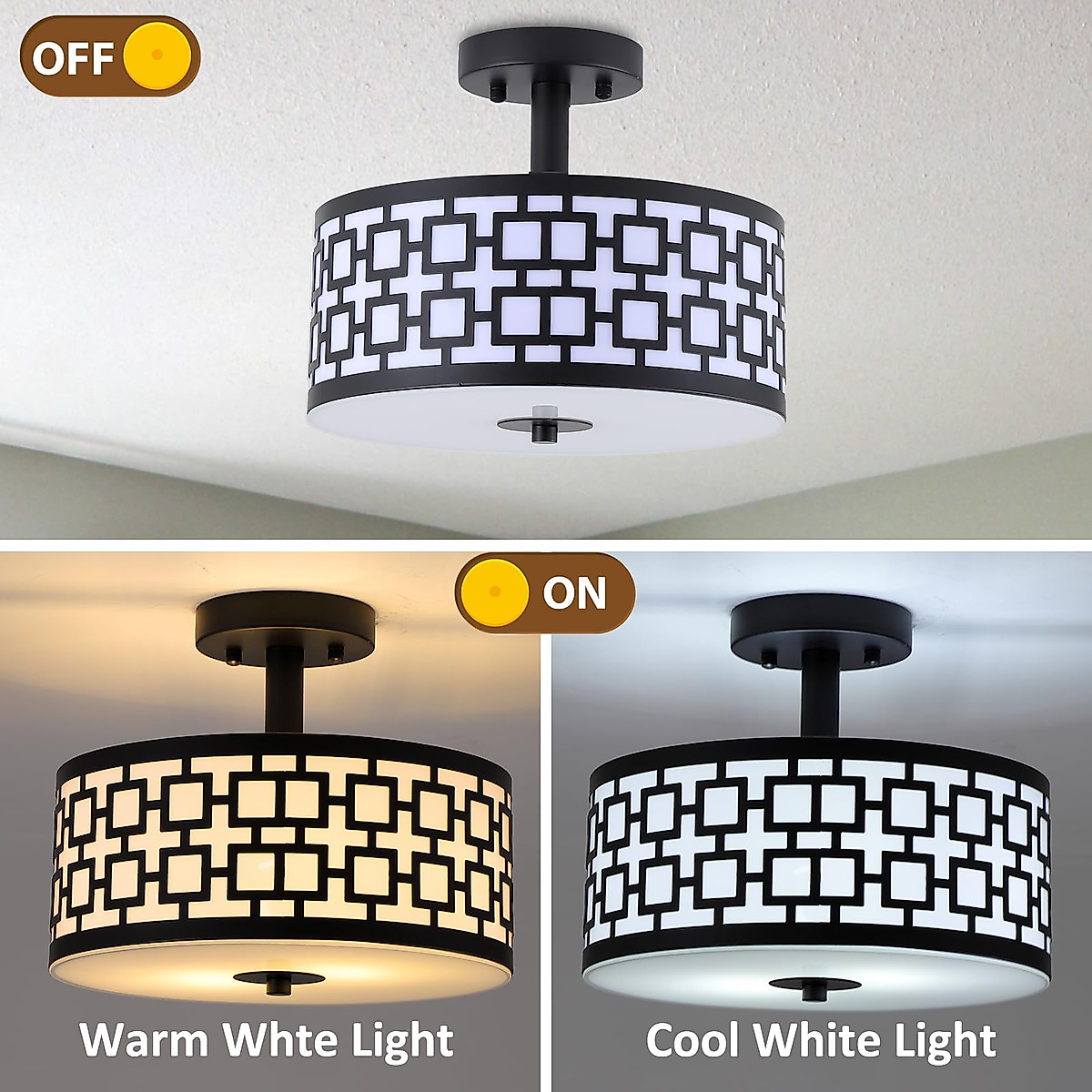 Sheenkarion Black Semi Flush Mount Ceiling Light,Modern Ceiling Drum Lighting Fixtures with Round Metal and Glass Shade for Bedroom Hallway Kitchen Dining Living Room Foyer Entry