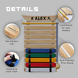 Quasar-Una Belt Holder Customizable Karate Belt Display Rack | Elevate Your Martial Arts Legacy with Premium Wood Shelf | Flaunt 10 Belts in Style with ultime Stickers Customization.
